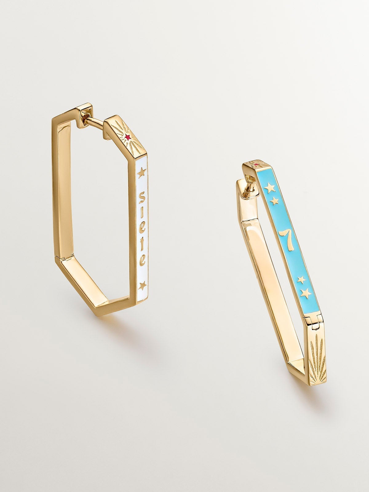 Hexagonal silver 925 earrings with colored enamel and number 7 ...
